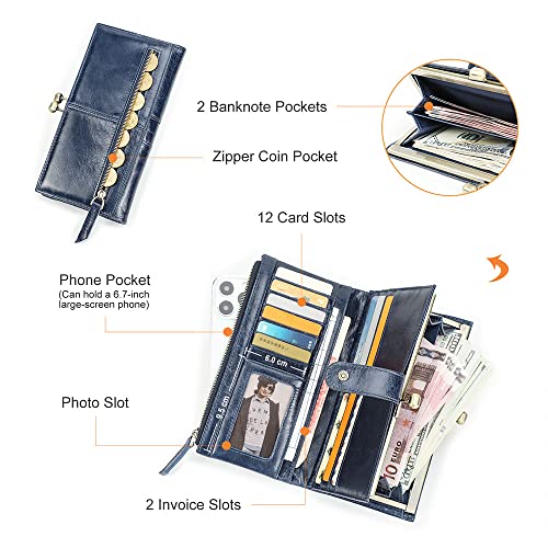 Contact's Kiss Lock Wallet for Women Leather Clutch Wallet Vintage Coin Purse RFID Wallet Bifold Blue Card Phone Holder