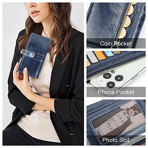 Contact's Kiss Lock Wallet for Women Leather Clutch Wallet Vintage Coin Purse RFID Wallet Bifold Blue Card Phone Holder