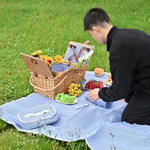 18PCS Wicker Picnic Basket for 2 with Cooler Hamper/Picnic Blanket, Large Picnic Set for Camping,Outdoor,Valentine Day,Thanks Giving,Birthday Christmas for Couples,Blue Gingham