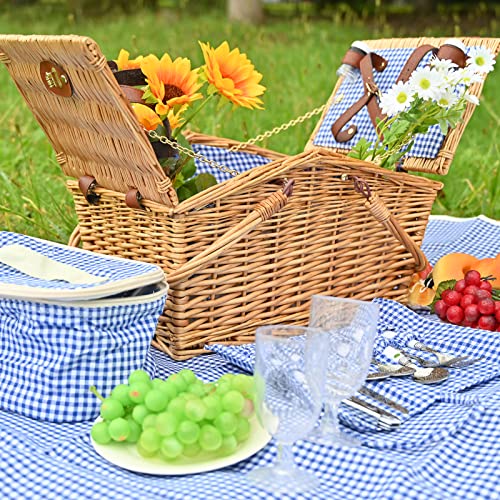 18PCS Wicker Picnic Basket for 2 with Cooler Hamper/Picnic Blanket, Large Picnic Set for Camping,Outdoor,Valentine Day,Thanks Giving,Birthday Christmas for Couples,Blue Gingham