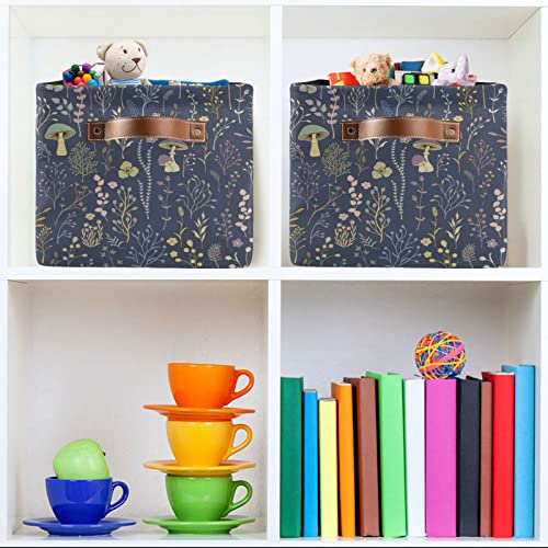 Kigai Mushroom Plants Storage Basket with Handles Collapsible Storage Bins Canvas Fabric Storage Organizer for Shelves Closet Bedroom Living Room 2Pack