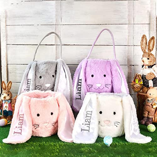 Personalized Bunny Easter Basket, Fur Easter Basket with Name, Plush Easter Bucket, Bunny Face Tote, Kids Custom Easter Treat Bag Best Easter Gift Baskets