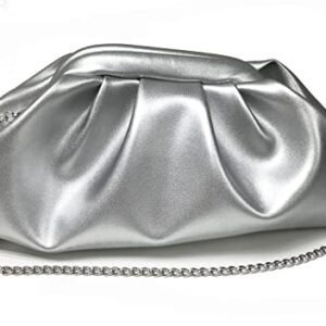 expouch Women Cloud Bag Slouchy Clutch Ruched Purse Weave Embossed with Gold Chain Shoulder Bag (Silver)