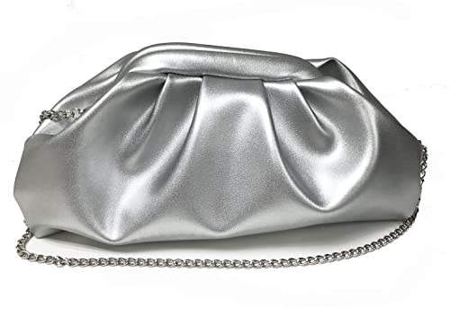 expouch Women Cloud Bag Slouchy Clutch Ruched Purse Weave Embossed with Gold Chain Shoulder Bag (Silver)