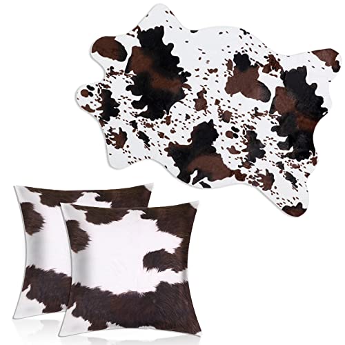 Remagr 3 Pcs Cow Print Rug and Cowhide Pillowcase Set 3.6x2.5ft Faux Cowhide Area Carpet Faux Cow Hide Rug Faux Cow Mat Cow Print Pillows for Living Room Bedroom Office Western Decor