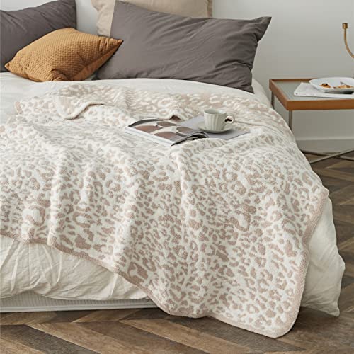 Fluffy Warm Plush Leopard Throw Blanket Twin Size, Reversible Khaki Cheetah Printed Pattern Winter Fuzzy Fleece Blankets for Bed Couch Sofa, Soft Microfiber Blanket 60x80 Inches