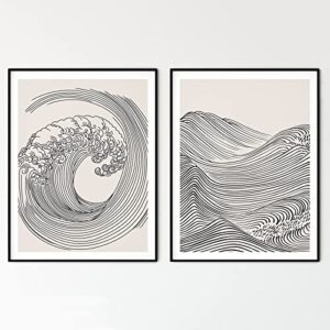 painura japanese wave poster abstract wall art minimalist print abstract ocean art black and white canvas art for bedroom decor japanese wall art line art wall decor (16x24inchx2 unframed)