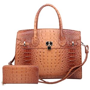 alligator croc 2-in-1 fashion satchel w/matching wallet set – tan