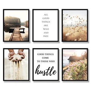 nature wall art prints set of 6 canvas motivational art wall decor landscape print pictures wooden bridge sand flower plant poster home decorations for living room bedroom (8″x10″ unframed)