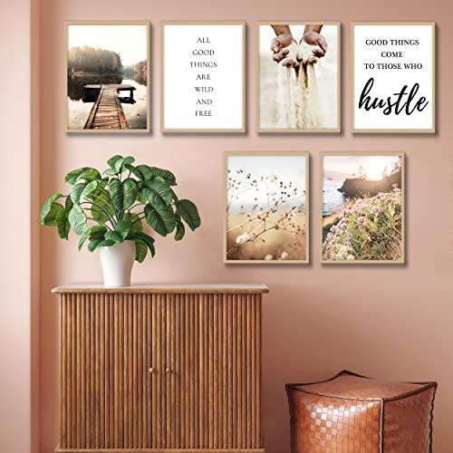 Nature Wall Art Prints Set of 6 Canvas Motivational Art Wall Decor Landscape Print Pictures Wooden Bridge Sand Flower Plant Poster Home Decorations for Living Room Bedroom (8"x10" UNFRAMED)