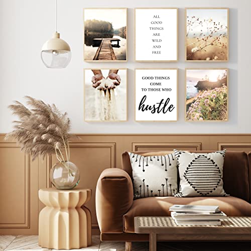 Nature Wall Art Prints Set of 6 Canvas Motivational Art Wall Decor Landscape Print Pictures Wooden Bridge Sand Flower Plant Poster Home Decorations for Living Room Bedroom (8"x10" UNFRAMED)