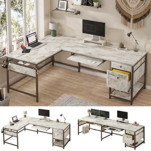 SEDETA 69" L Shaped Office Desk, Reversible L Shape Farmhouse Desk or Long Computer Desk, Corner Desk with Letter File Drawers, Keyboard Tray & Monitor Stand for Home Office, Rustic White.