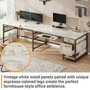 SEDETA 69" L Shaped Office Desk, Reversible L Shape Farmhouse Desk or Long Computer Desk, Corner Desk with Letter File Drawers, Keyboard Tray & Monitor Stand for Home Office, Rustic White.