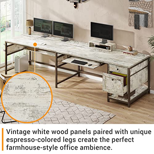 SEDETA 69" L Shaped Office Desk, Reversible L Shape Farmhouse Desk or Long Computer Desk, Corner Desk with Letter File Drawers, Keyboard Tray & Monitor Stand for Home Office, Rustic White.