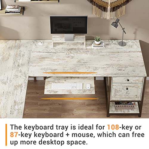 SEDETA 69" L Shaped Office Desk, Reversible L Shape Farmhouse Desk or Long Computer Desk, Corner Desk with Letter File Drawers, Keyboard Tray & Monitor Stand for Home Office, Rustic White.