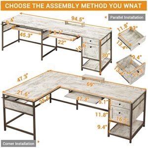 SEDETA 69" L Shaped Office Desk, Reversible L Shape Farmhouse Desk or Long Computer Desk, Corner Desk with Letter File Drawers, Keyboard Tray & Monitor Stand for Home Office, Rustic White.