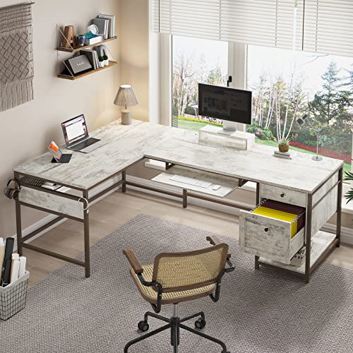 SEDETA 69" L Shaped Office Desk, Reversible L Shape Farmhouse Desk or Long Computer Desk, Corner Desk with Letter File Drawers, Keyboard Tray & Monitor Stand for Home Office, Rustic White.