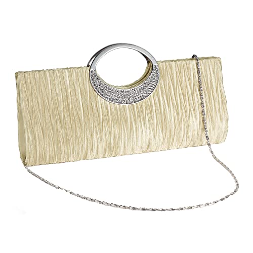 Classic Shiny Evening Bag with Crystal Handle Wedding Party Clutch Purse Handbag with Pleated Satin Clutch Design (Champagne)