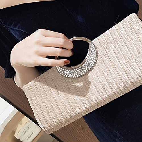 Classic Shiny Evening Bag with Crystal Handle Wedding Party Clutch Purse Handbag with Pleated Satin Clutch Design (Champagne)