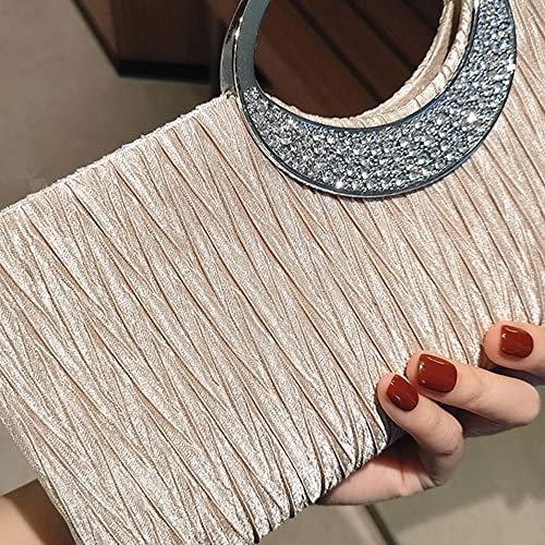 Classic Shiny Evening Bag with Crystal Handle Wedding Party Clutch Purse Handbag with Pleated Satin Clutch Design (Champagne)