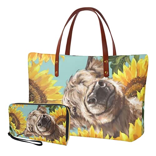 Wideasale Highland Cow Sunflower Printed 2Pcs Handbags Purse Set with Wallet for Women Outdoor Sports Athletic Tote Bags Zippered Large Shoulder Bag