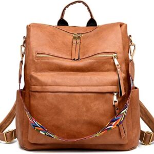 LAFRIOUS Women Backpack Purse, PU Leather Casual Fashion Shoulder Bag Convertible Detachable Colorful Strap 3 Ways to Carry Brown