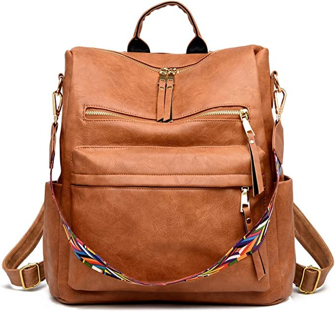 LAFRIOUS Women Backpack Purse, PU Leather Casual Fashion Shoulder Bag Convertible Detachable Colorful Strap 3 Ways to Carry Brown