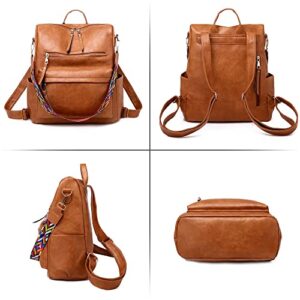 LAFRIOUS Women Backpack Purse, PU Leather Casual Fashion Shoulder Bag Convertible Detachable Colorful Strap 3 Ways to Carry Brown