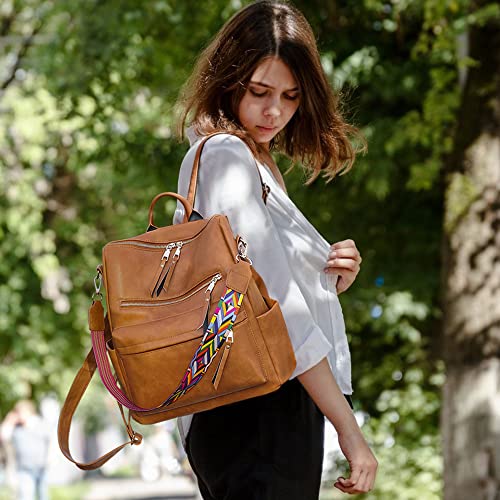 LAFRIOUS Women Backpack Purse, PU Leather Casual Fashion Shoulder Bag Convertible Detachable Colorful Strap 3 Ways to Carry Brown