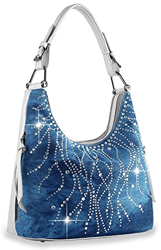 Zzfab Artistic Rhinestone Fringe pattern Gem Hobo Blue