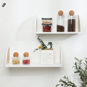 [PJ Collection] Decorative Wooden Wall Shelf with Rattan, Set of 2, Floating Shelves, Wall Mount, Wall Shelf, Rustic Wood Wall Storage Shelves, Sturdy Floating Shelves (White)