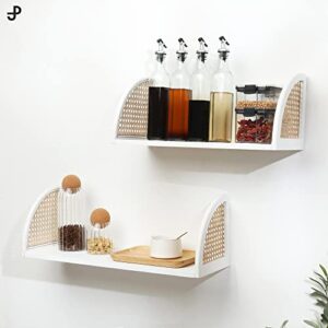 [PJ Collection] Decorative Wooden Wall Shelf with Rattan, Set of 2, Floating Shelves, Wall Mount, Wall Shelf, Rustic Wood Wall Storage Shelves, Sturdy Floating Shelves (White)