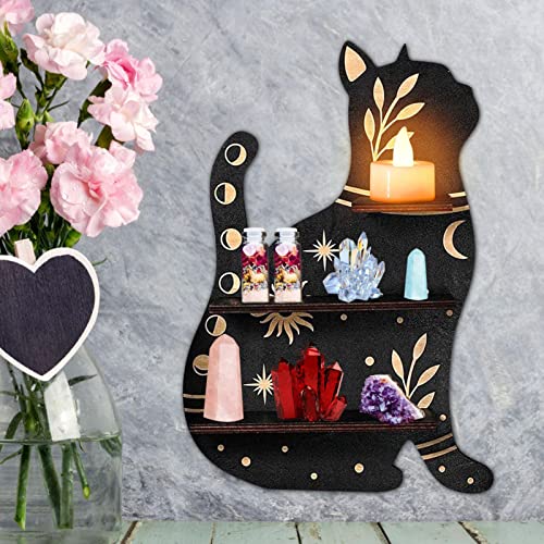 Frifer Cute Wall Crystal Shelf - Wooden Cat Moon Crystal Shelf - Wall Mounted Crystal Display Shelf Decorative Organizer Floating Shelves for Living Room Yoga Room