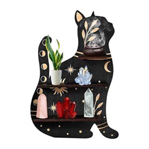 Frifer Cute Wall Crystal Shelf - Wooden Cat Moon Crystal Shelf - Wall Mounted Crystal Display Shelf Decorative Organizer Floating Shelves for Living Room Yoga Room