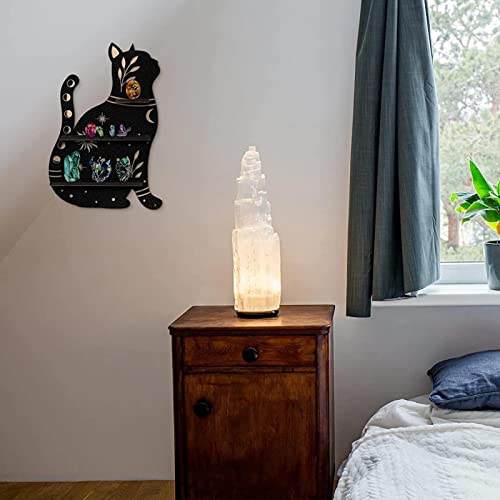 Frifer Cute Wall Crystal Shelf - Wooden Cat Moon Crystal Shelf - Wall Mounted Crystal Display Shelf Decorative Organizer Floating Shelves for Living Room Yoga Room