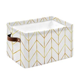 Storage Baskets for Organizing, Toy Box Chest Modern Herringbone Geometric White and Gold Foldable Cube Storage Bin with 2 Leather Handles Set of 1