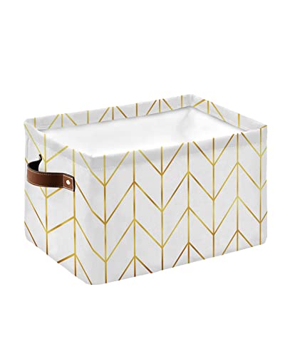 Storage Baskets for Organizing, Toy Box Chest Modern Herringbone Geometric White and Gold Foldable Cube Storage Bin with 2 Leather Handles Set of 1