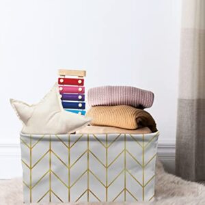 Storage Baskets for Organizing, Toy Box Chest Modern Herringbone Geometric White and Gold Foldable Cube Storage Bin with 2 Leather Handles Set of 1