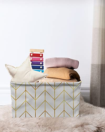 Storage Baskets for Organizing, Toy Box Chest Modern Herringbone Geometric White and Gold Foldable Cube Storage Bin with 2 Leather Handles Set of 1