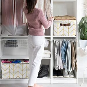 Storage Baskets for Organizing, Toy Box Chest Modern Herringbone Geometric White and Gold Foldable Cube Storage Bin with 2 Leather Handles Set of 1