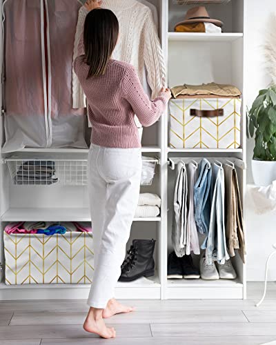 Storage Baskets for Organizing, Toy Box Chest Modern Herringbone Geometric White and Gold Foldable Cube Storage Bin with 2 Leather Handles Set of 1