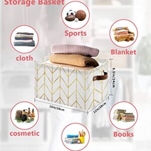 Storage Baskets for Organizing, Toy Box Chest Modern Herringbone Geometric White and Gold Foldable Cube Storage Bin with 2 Leather Handles Set of 1