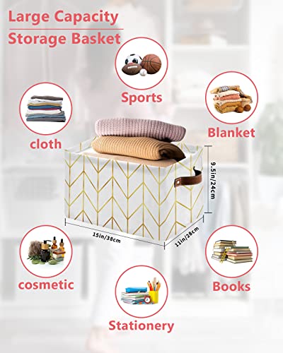 Storage Baskets for Organizing, Toy Box Chest Modern Herringbone Geometric White and Gold Foldable Cube Storage Bin with 2 Leather Handles Set of 1