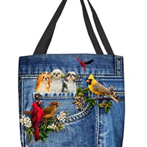 Three Shih Tzu Dogs And Cardinals Jean Pocket Tote Bag, Casual Handbag For Shih Tzu Dog Lover Gift, Grocery Bag For Woman