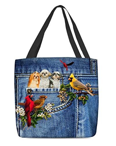 Three Shih Tzu Dogs And Cardinals Jean Pocket Tote Bag, Casual Handbag For Shih Tzu Dog Lover Gift, Grocery Bag For Woman