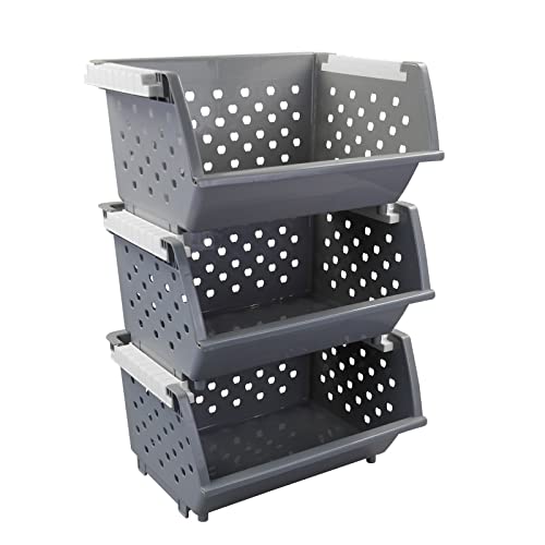 Utiao 3 Pack Gray Large Stacking Basket Bin, Open Front Stackable Storage Baskets