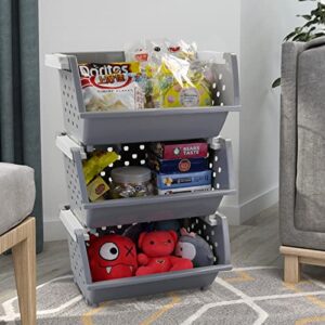 Utiao 3 Pack Gray Large Stacking Basket Bin, Open Front Stackable Storage Baskets