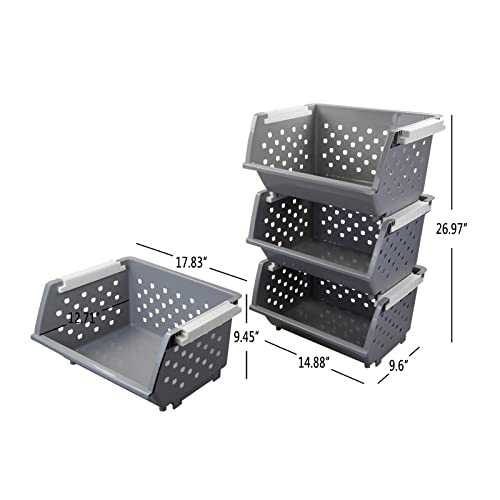 Utiao 3 Pack Gray Large Stacking Basket Bin, Open Front Stackable Storage Baskets