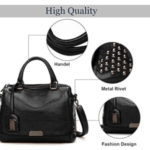 Handbag for Women Fashion Top Handle Satchel Purse Shoulder Bag Designer Ladies Tote Bag Bucket Faux Leather (Black)