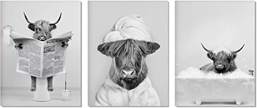 Cow Bathroom Poster Wall Art Print,Black and White Cute Funny Cow Canvas Posters Farmhouse Bathtub Bathroom ,Wall Art Canvas for Living Room, Bathroom, Bedroom, Kids Bathroom Decor,Gift.Set of 3(Unframed,8”X10”inches).